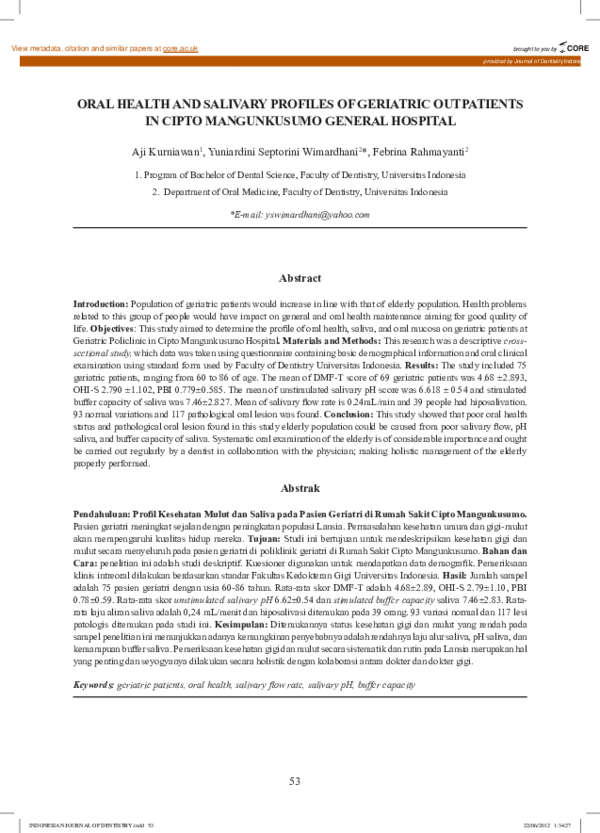 (PDF) Oral Health and Salivary Profiles of Geriatric Outpatients in Cipto Mangunkusumo General ...