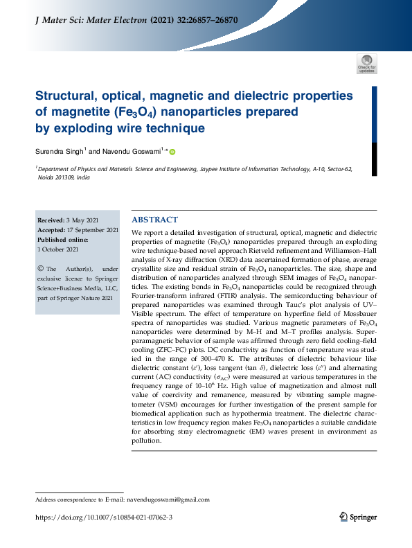 (PDF) Structural, optical, magnetic and dielectric properties of magnetite (Fe 3 O 4 ...
