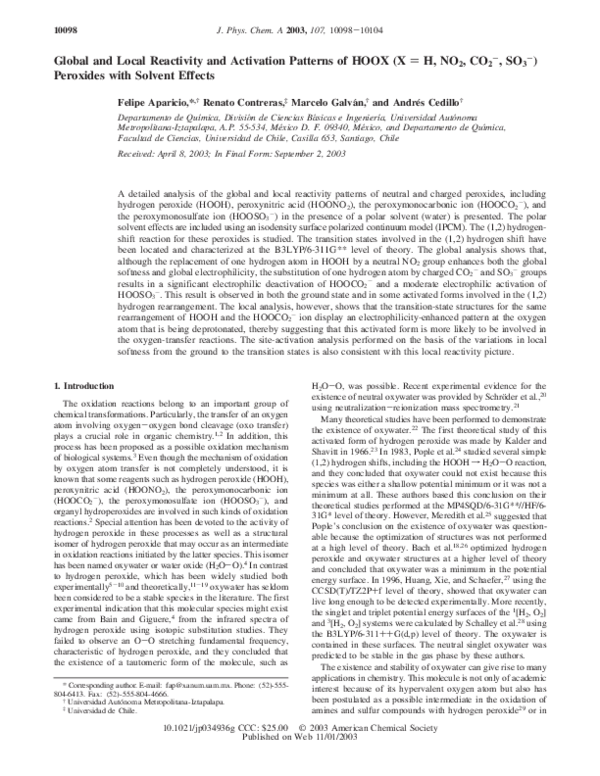 (PDF) Global and Local Reactivity and Activation Patterns of HOOX (X = H, NO2, CO2-, SO3 ...