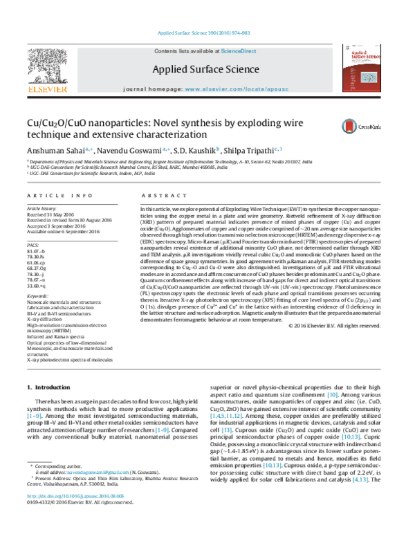 (PDF) Cu/Cu 2 O/CuO nanoparticles: Novel synthesis by exploding wire technique and extensive ...