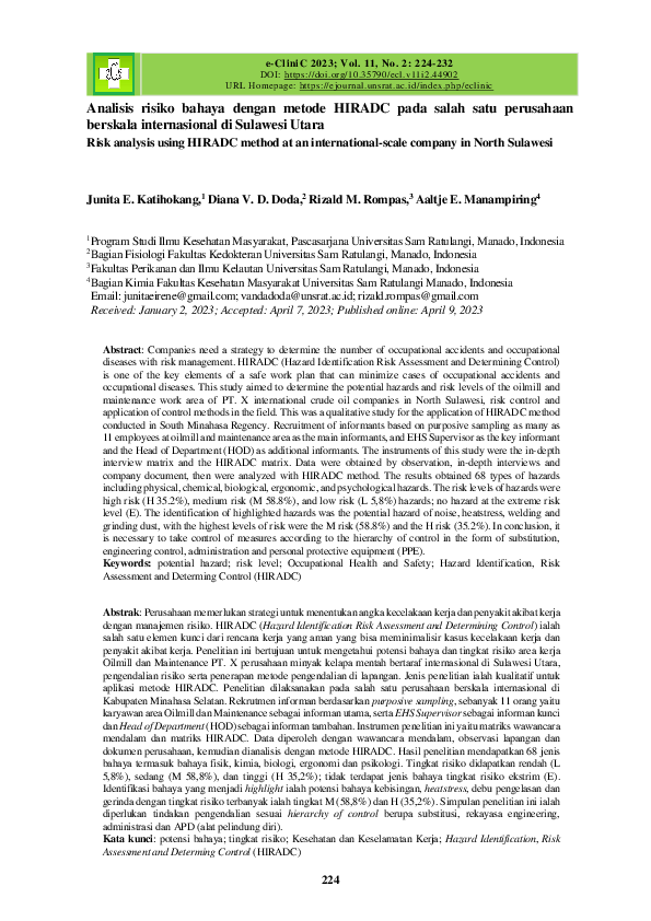 (PDF) Analisis risiko bahaya dengan metode HIRADC pada salah satu perusahaan berskala ...