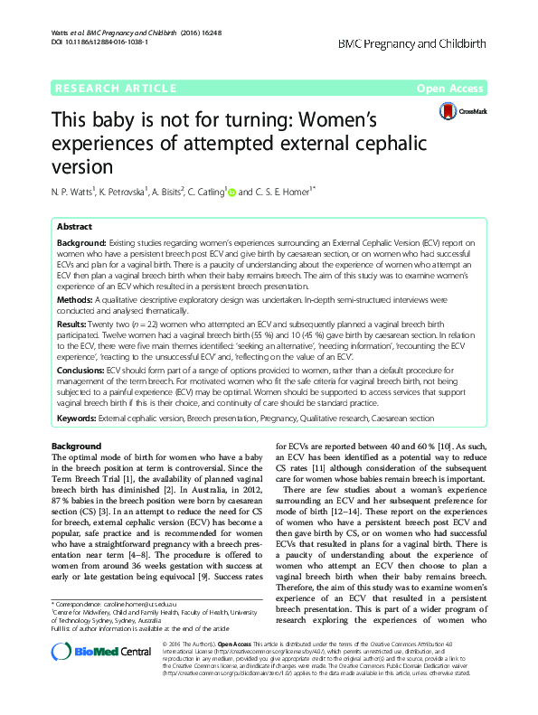 (PDF) This baby is not for turning: Women’s experiences of attempted external cephalic version