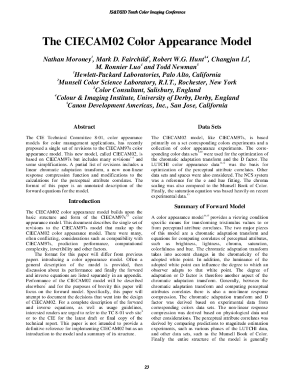 (PDF) The CIECAM02 color appearance model
