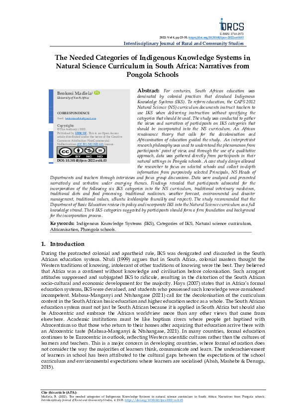 (PDF) The needed categories of Indigenous Knowledge Systems in Natural ...