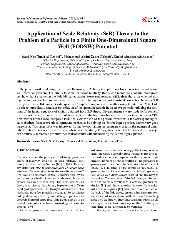 (PDF) Application of Scale Relativity (ScR) Theory to the Problem of a ...