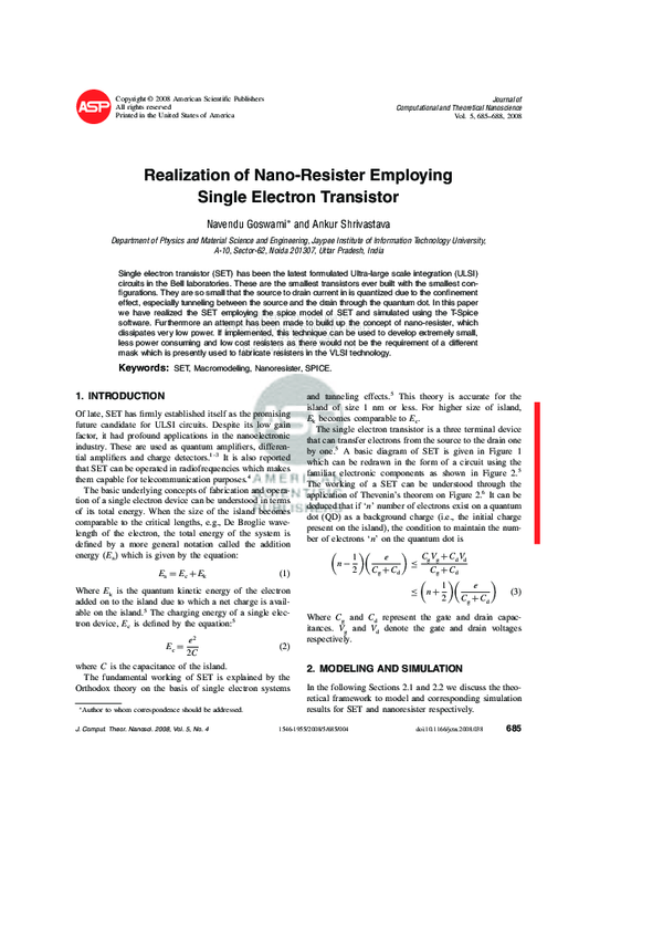 (PDF) Realization of Nano-Resister Employing Single Electron Transistor