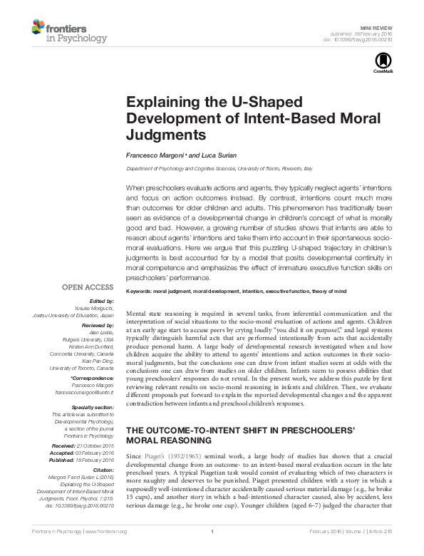(PDF) Explaining the U-Shaped Development of Intent-Based Moral Judgments