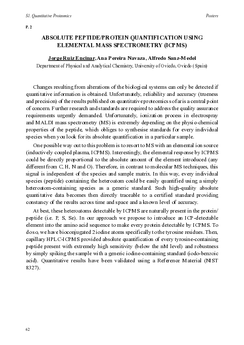 (PDF) Absolute peptide/protein quantification using elemental mass spectrometry (ICPMS)