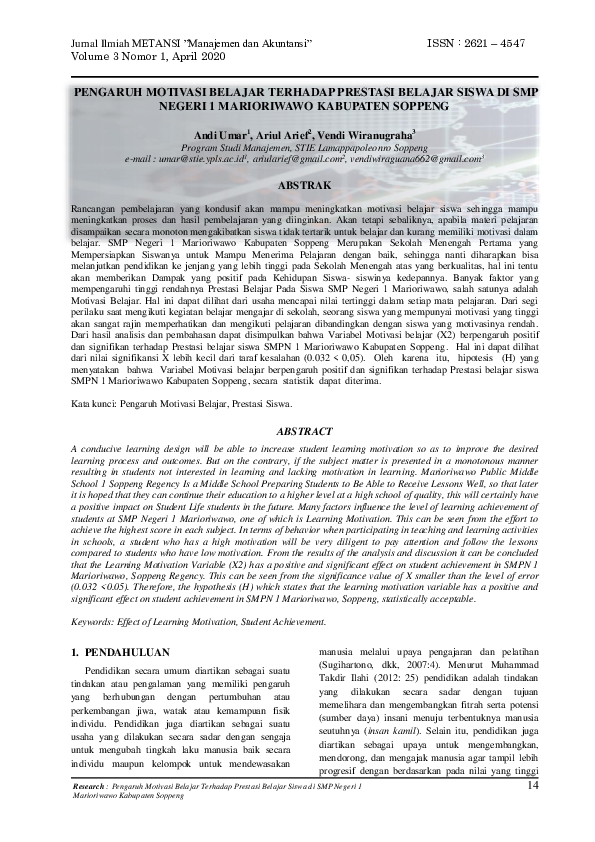 (PDF) PENGARUH MOTIVASI BELAJAR TERHADAP PRESTASI BELAJAR SISWA DI SMP NEGERI 1 MARIORIWAWO ...