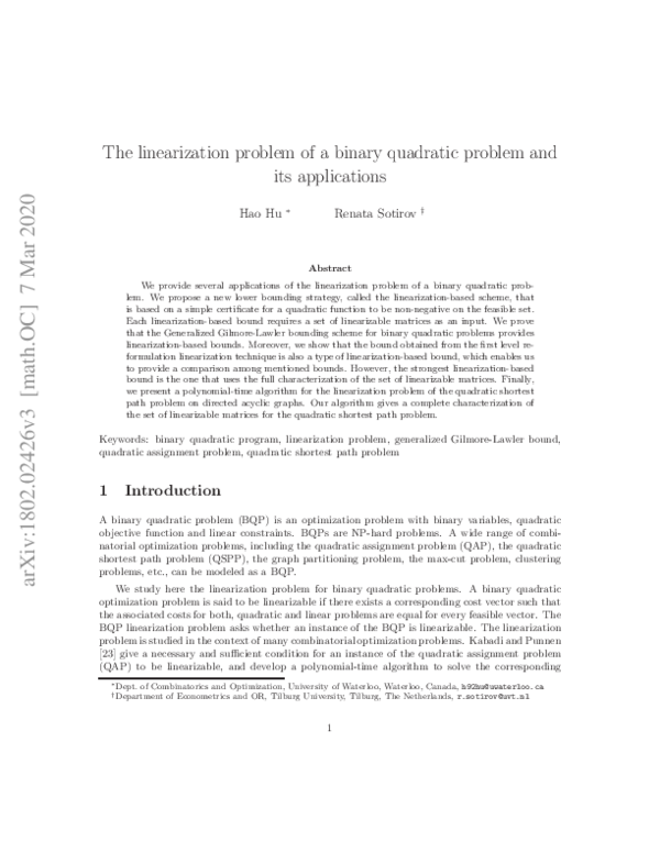 Pdf The Linearization Problem Of A Binary Quadratic Problem And Its