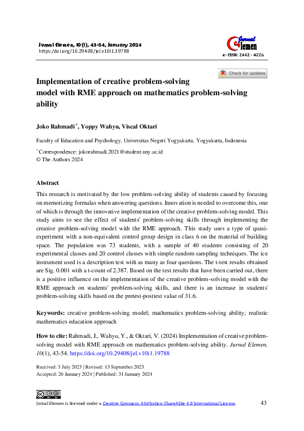 (PDF) Implementation of creative problem-solving model with RME approach on mathematics problem ...
