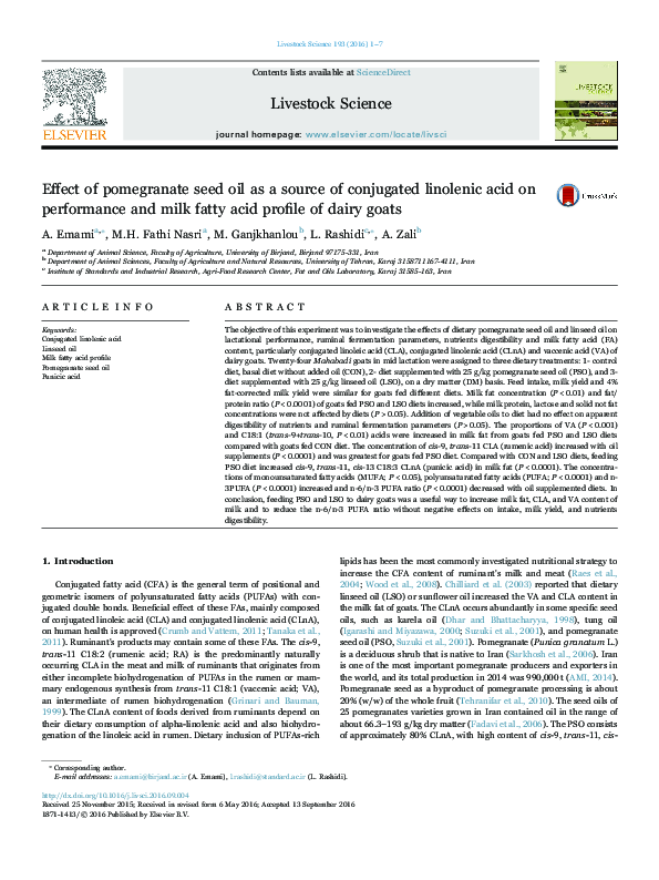 (PDF) Effect of pomegranate seed oil as a source of conjugated linolenic acid on performance and ...