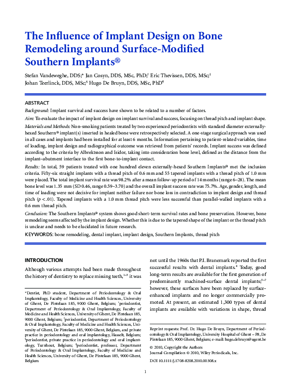 (PDF) The Influence of Implant Design on Bone Remodeling around Surface ...
