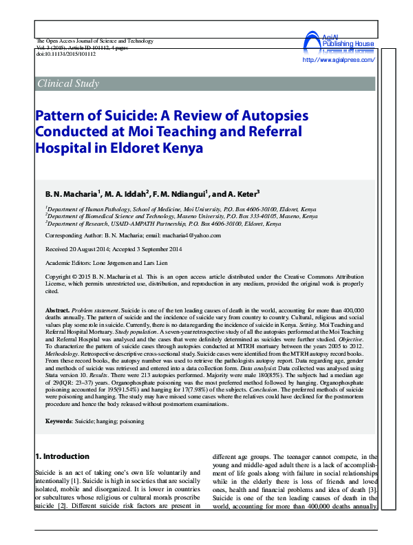 (PDF) Pattern of Suicide: A Review of Autopsies Conducted at Moi Teaching and Referral Hospital ...