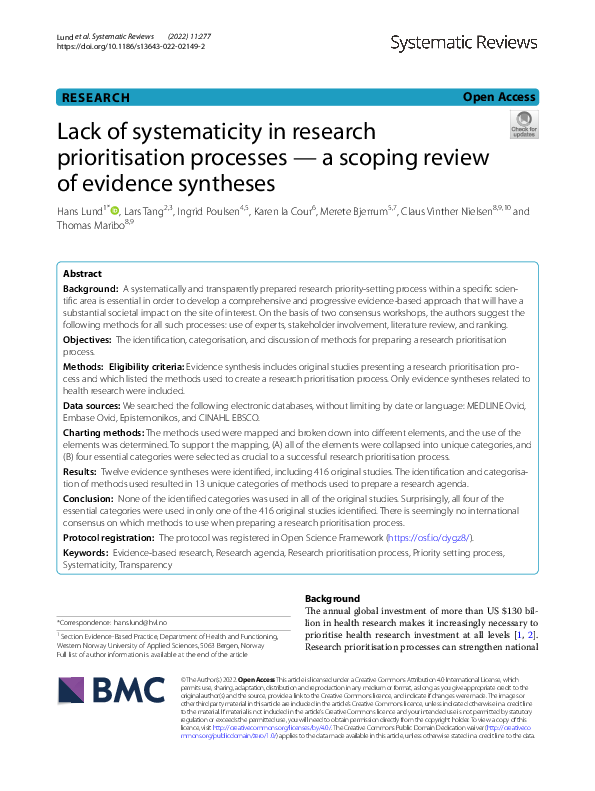 (PDF) Lack of systematicity in research prioritisation processes — a ...