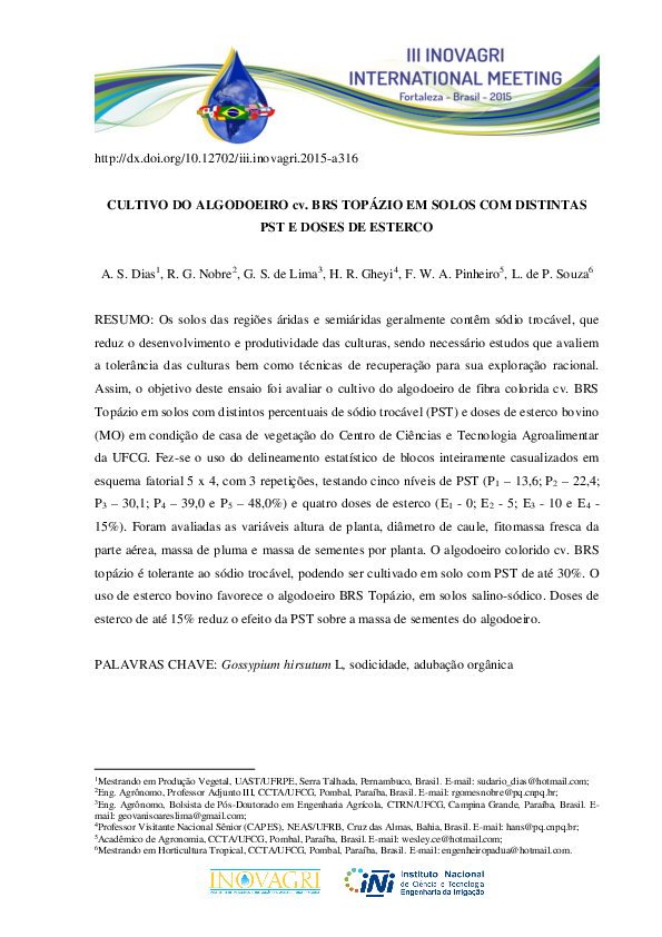 (PDF) CULTIVO DO ALGODOEIRO cv. BRS TOPÁZIO EM SOLOS COM DISTINTAS PST ...