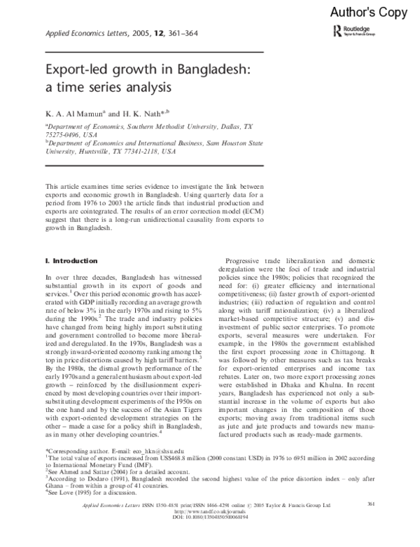 (PDF) Export-led growth in Bangladesh: a time series analysis