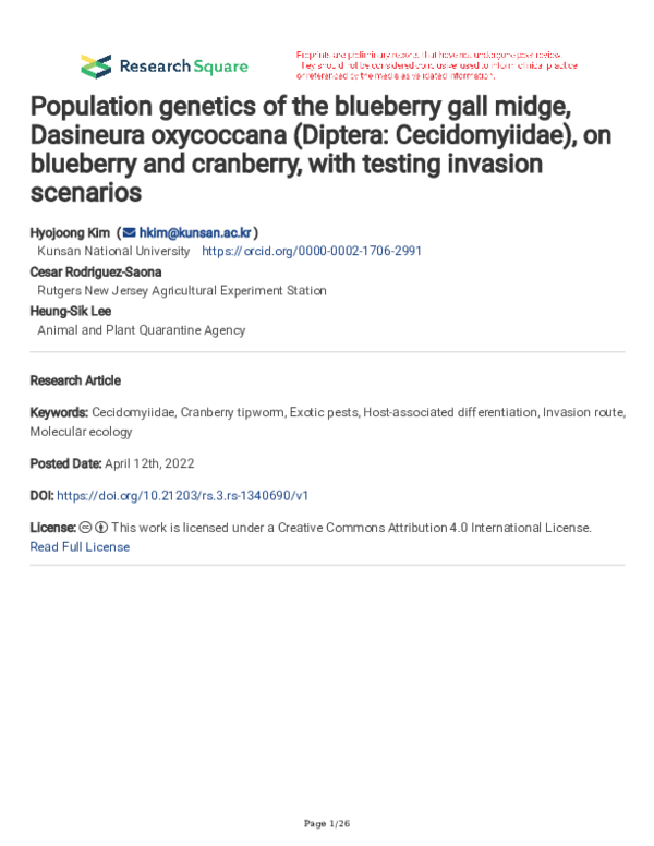 (PDF) Population genetics of the blueberry gall midge, Dasineura oxycoccana (Diptera ...