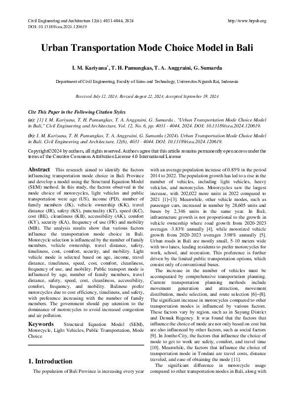 (PDF) Urban Transportation Mode Choice Model in Bali
