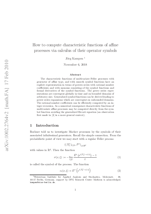 (PDF) How to compute characteristic functions of affine processes via calculus of their operator ...