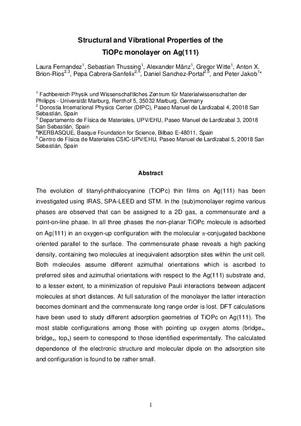 (PDF) Structural and Vibrational Properties of the TiOPc Monolayer on ...