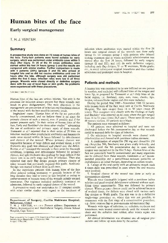 (PDF) Human bites of the face. Early surgical management