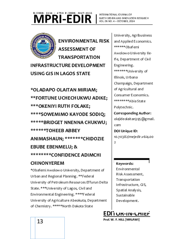 (PDF) ENVIRONMENTAL RISK ASSESSMENT OF TRANSPORTATION INFRASTRUCTURE DEVELOPMENT USING GIS IN ...