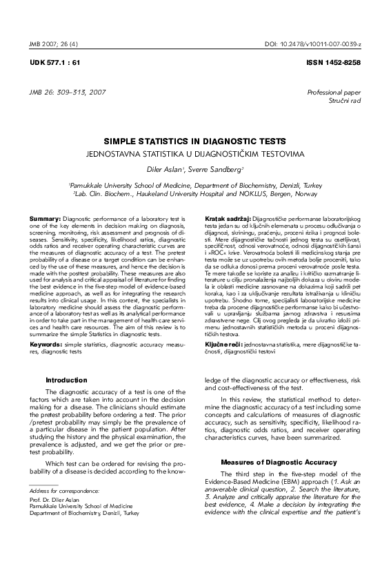 (PDF) Simple Statistics in Diagnostic Tests Jednostavna Statistika U ...