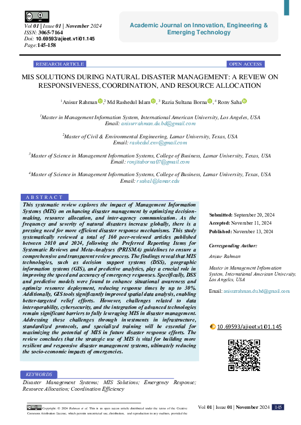 (PDF) MIS SOLUTIONS DURING NATURAL DISASTER MANAGEMENT: A REVIEW ON ...