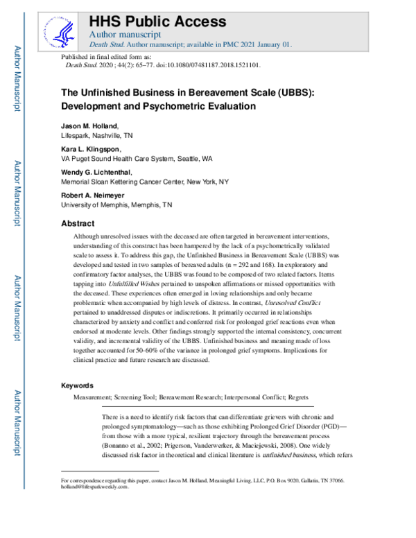 (PDF) The Unfinished Business in Bereavement Scale (UBBS): Development ...
