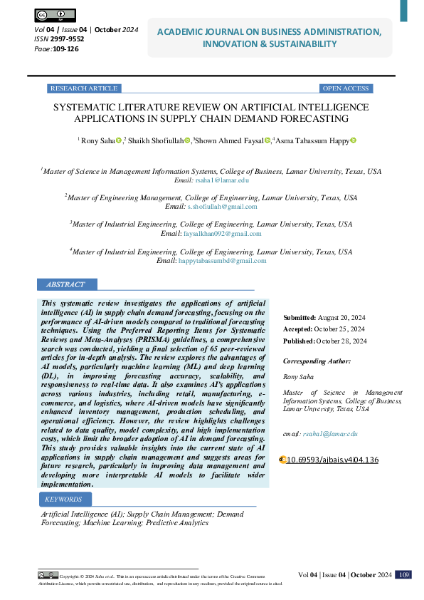 (PDF) SYSTEMATIC LITERATURE REVIEW ON ARTIFICIAL INTELLIGENCE APPLICATIONS IN SUPPLY CHAIN ...