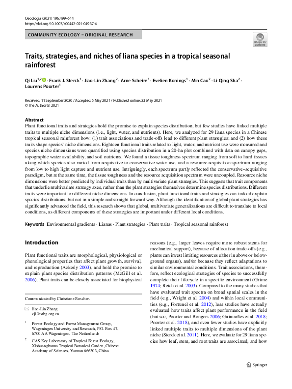 (PDF) Traits, strategies, and niches of liana species in a tropical ...