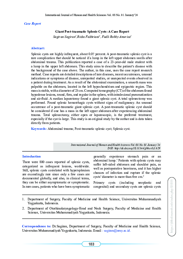 (PDF) Giant Post-traumatic Splenic Cysts: A Case Report