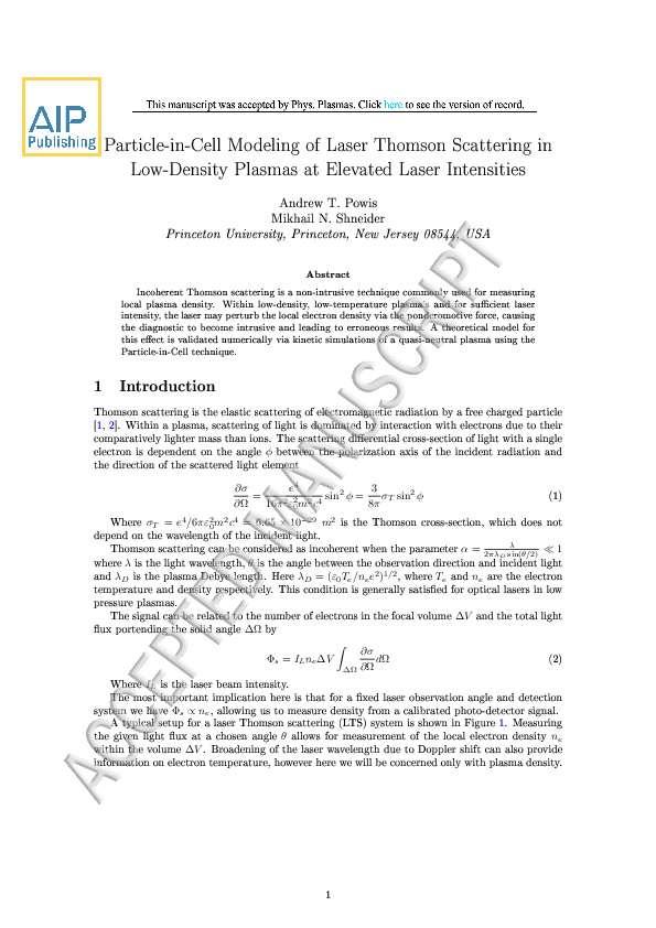 (PDF) Particle-in-cell modeling of laser Thomson scattering in low-density plasmas at elevated ...
