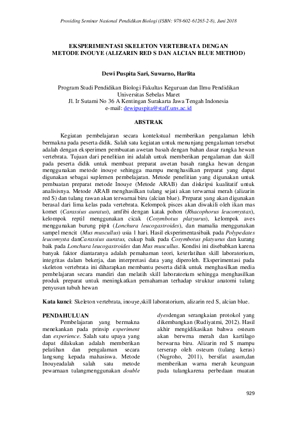 (PDF) Eksperimentasi Skeleton Vertebrata Dengan Metode Inouye (Alizarin ...