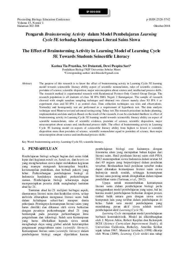 (PDF) Pengaruh Brainstorming Activity dalam Model Pembelajaran Learning Cycle 5E terhadap ...