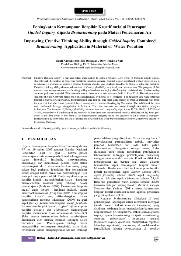 (PDF) Peningkatan Kemampuan Berpikir Kreatif melalui Penerapan Guided Inquiry dipadu ...