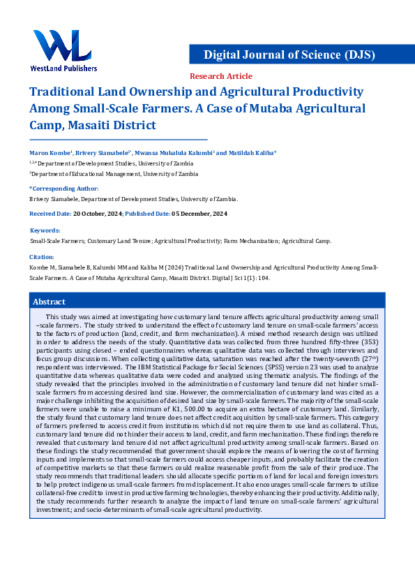 (PDF) Traditional Land Ownership and Agricultural Productivity Among ...