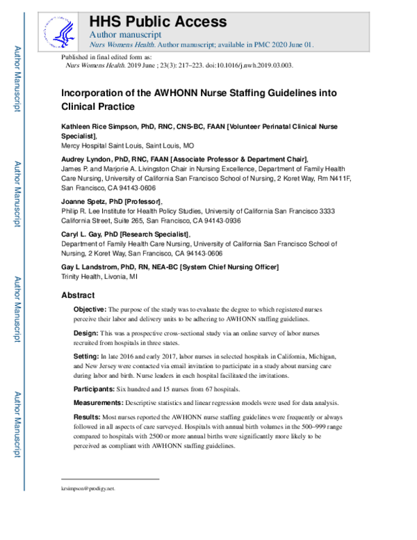 (PDF) Adherence to the AWHONN Staffing Guidelines as Perceived by Labor ...