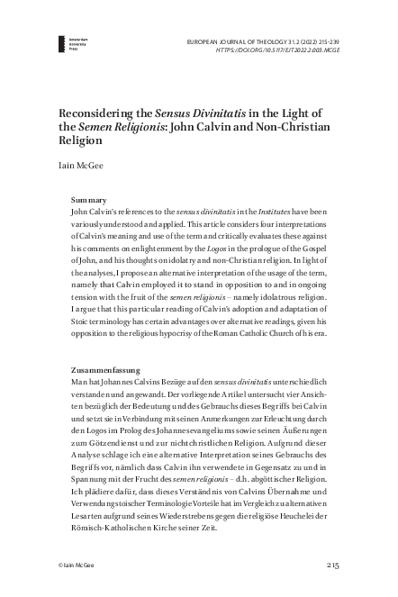 (PDF) Reconsidering the Sensus Divinitatis in the Light of the Semen Religionis: John Calvin and ...