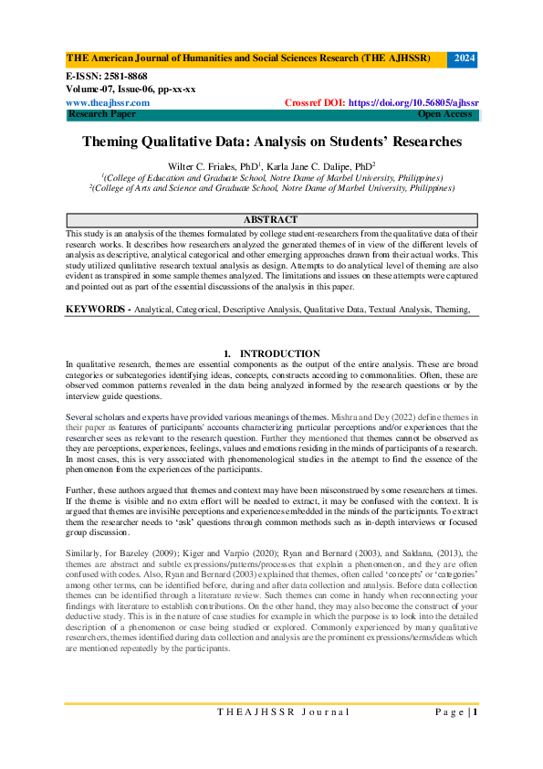 (PDF) Theming Qualitative Data: Analysis on College Students' Researches