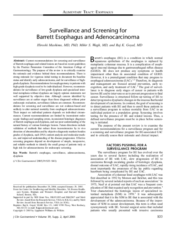 (PDF) Surveillance and Screening for Barrett Esophagus and Adenocarcinoma