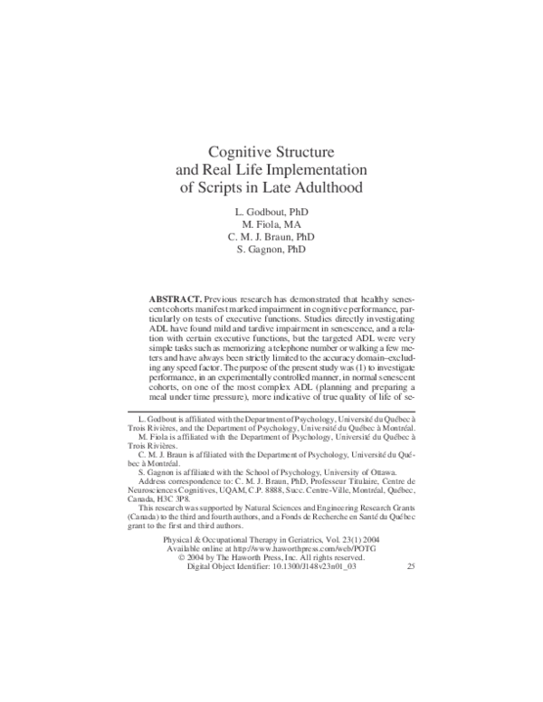 (PDF) Cognitive Structure and Real Life Implementation of Scripts in Late Adulthood