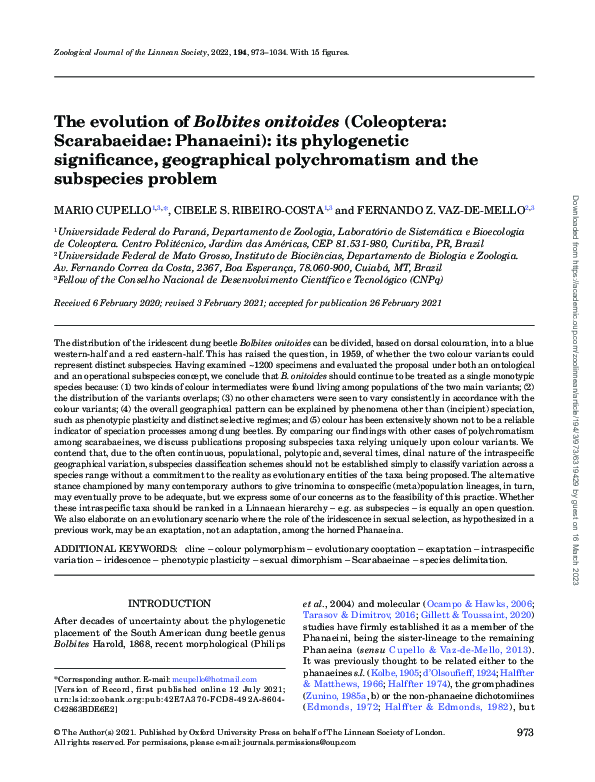 (PDF) The evolution of Bolbites onitoides (Coleoptera: Scarabaeidae ...