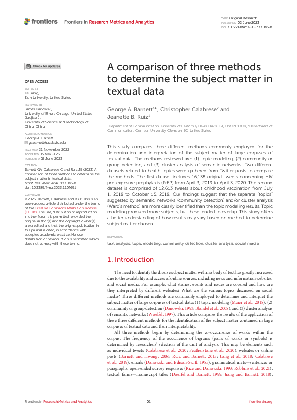 (PDF) A comparison of three methods to determine the subject matter in textual data | G. Barnett ...