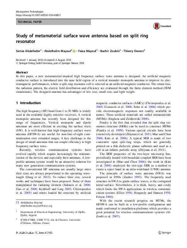 (PDF) Study of metamaterial surface wave antenna based on split ring resonator
