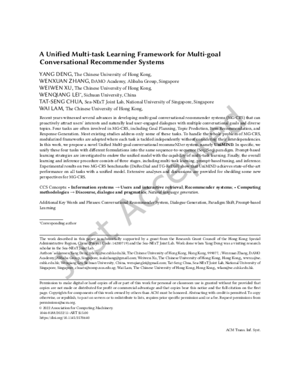 (PDF) A Unified Multi-task Learning Framework for Multi-goal Conversational Recommender Systems