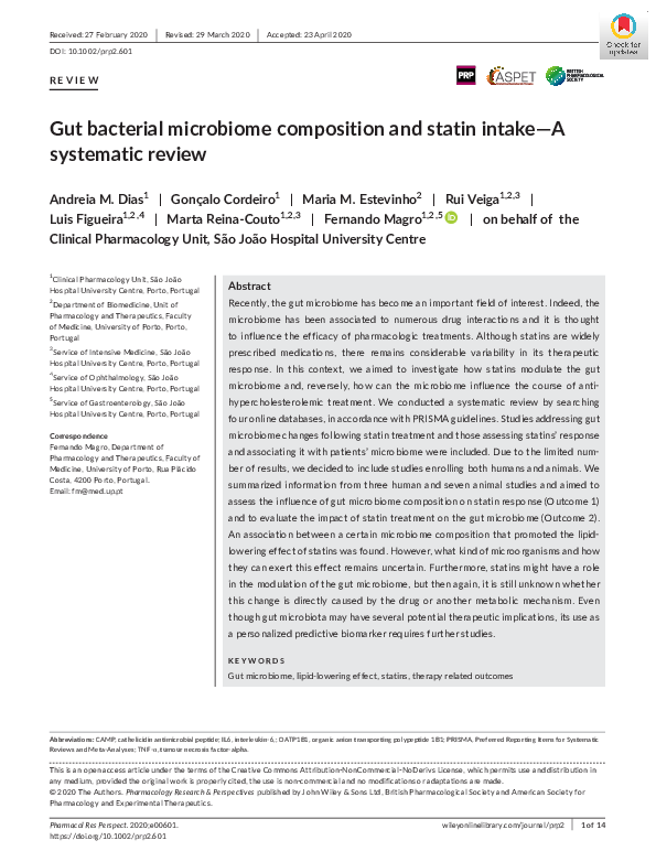 (PDF) Gut bacterial microbiome composition and statin intake—A systematic review