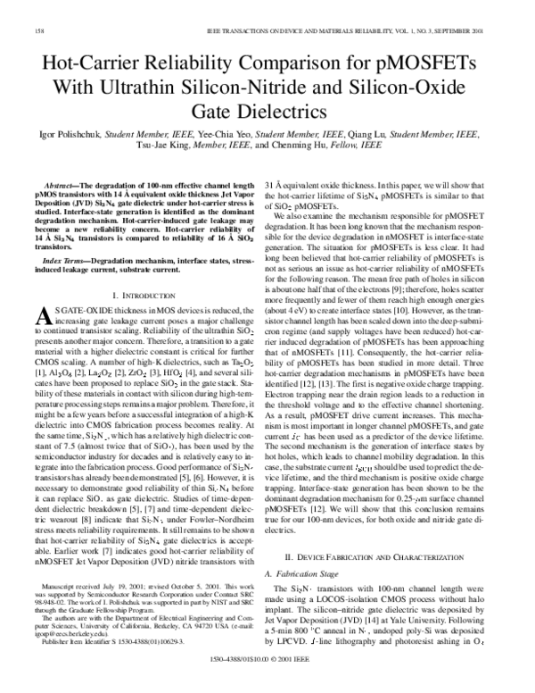 (PDF) Hot-carrier reliability comparison for pMOSFETs with ultrathin silicon-nitride and silicon ...