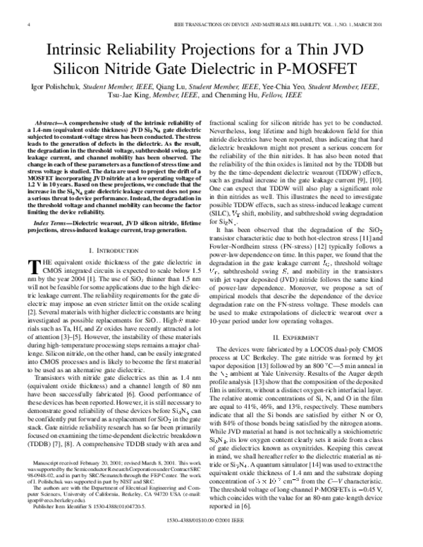 (PDF) Intrinsic reliability projections for a thin JVD silicon nitride gate dielectric in P-MOSFET